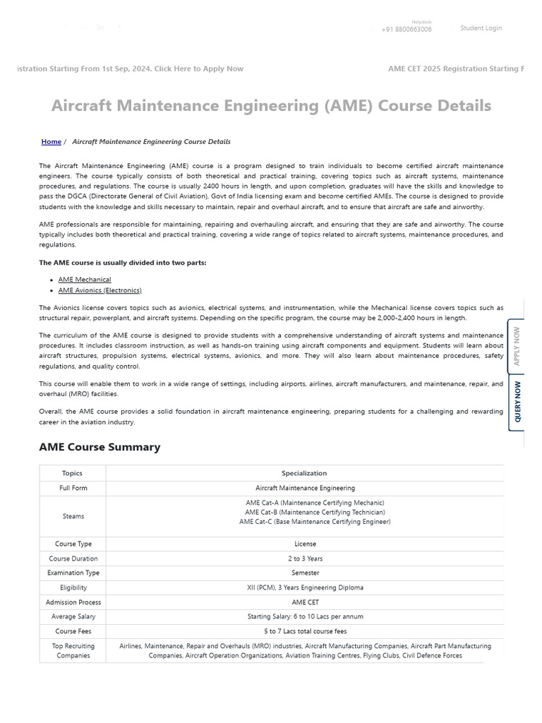 Aircraft Maintenance Engineering (AME) Course Details & Duration - AME ...