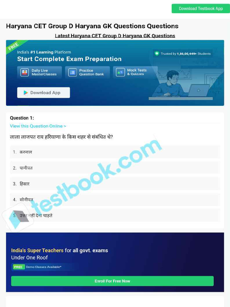 Haryana Cet Group D Haryana GK Questions 64771010bc5622d897dcb1e2 | PDF