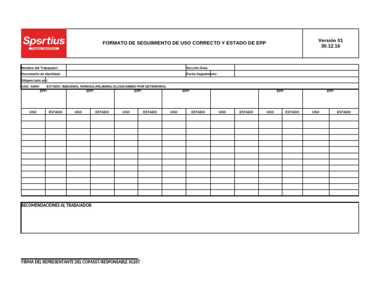 Formato de Seguimiento de Uso Correcto y Estado de Epp | PDF