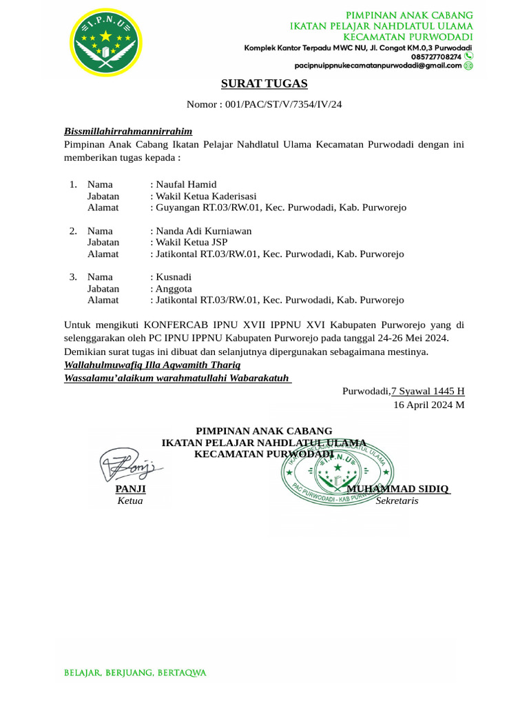 Surat Tugas IPNU | PDF