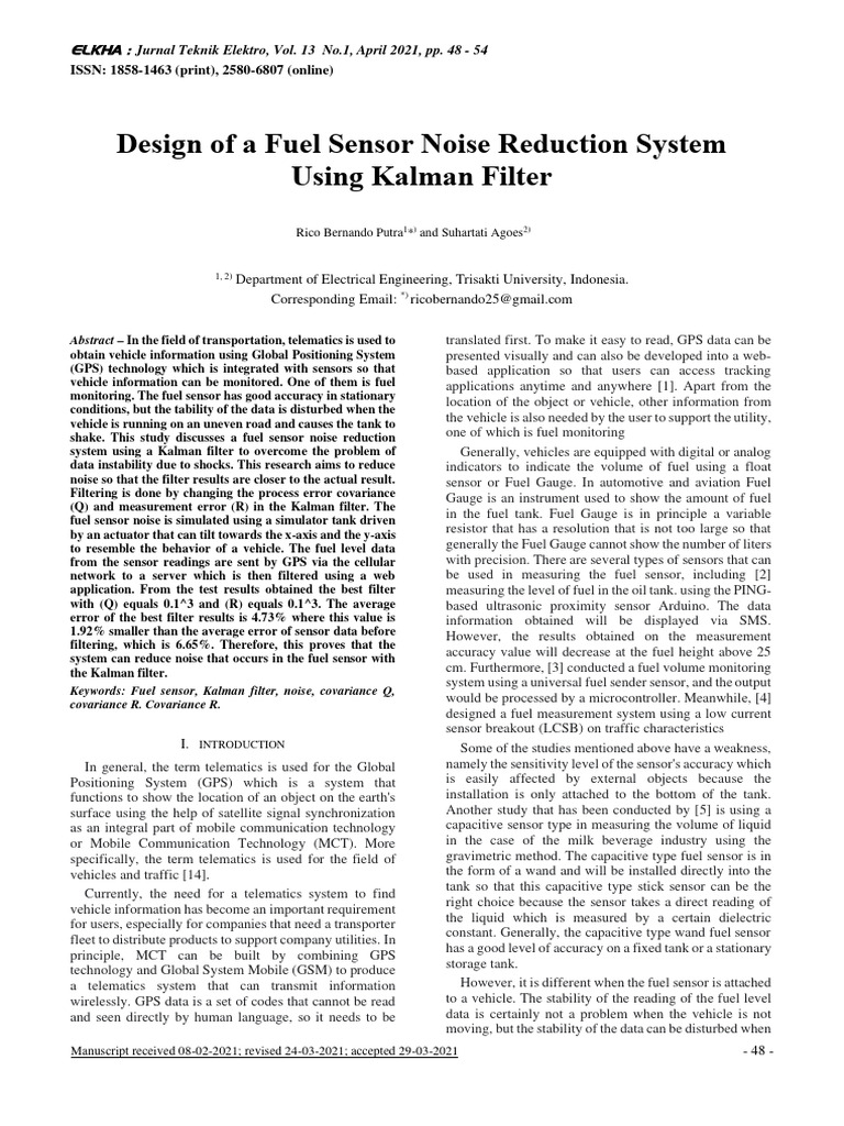 Design of A Fuel Sensor Noise Reduction System Using Kalman Filter ...