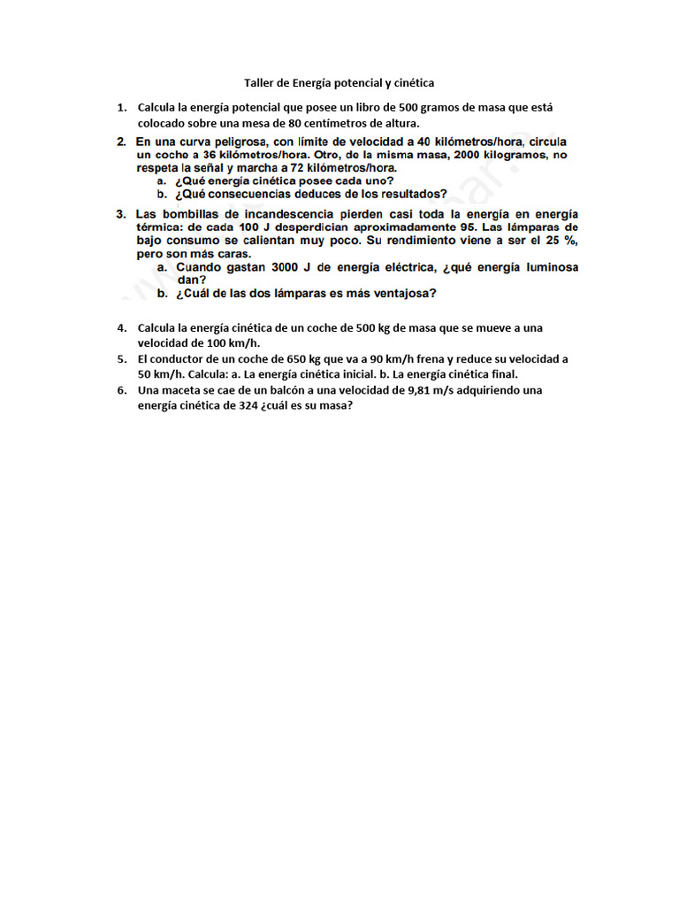Taller de Energía Potencial y Cinética | PDF