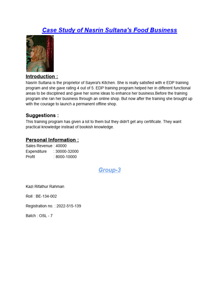 Case Study of Nasrin Sultana's Food Business | PDF