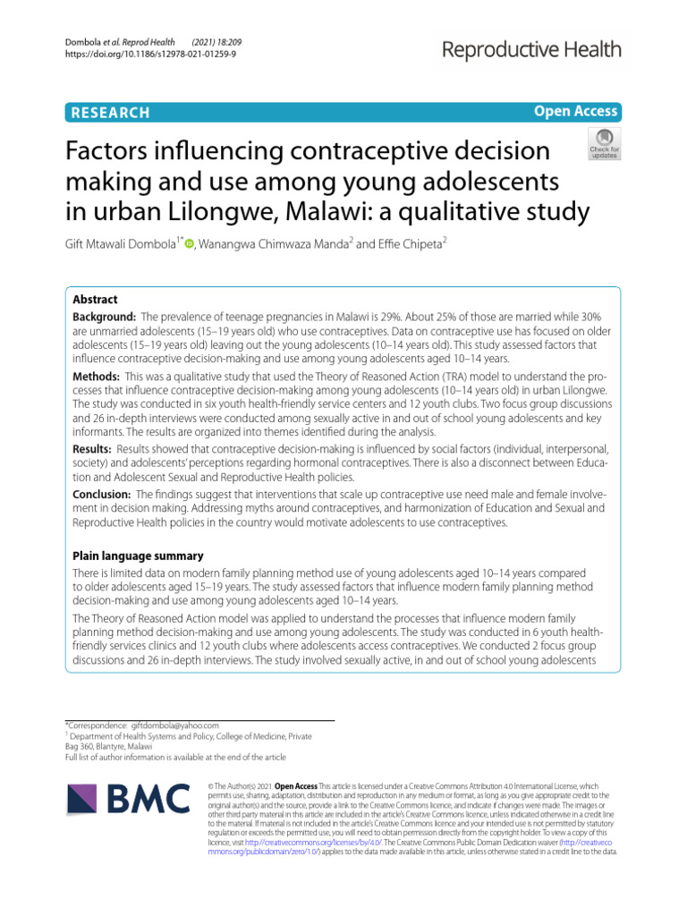 Factors Infuencing Contraceptive Decision Making and Use Among Young ...