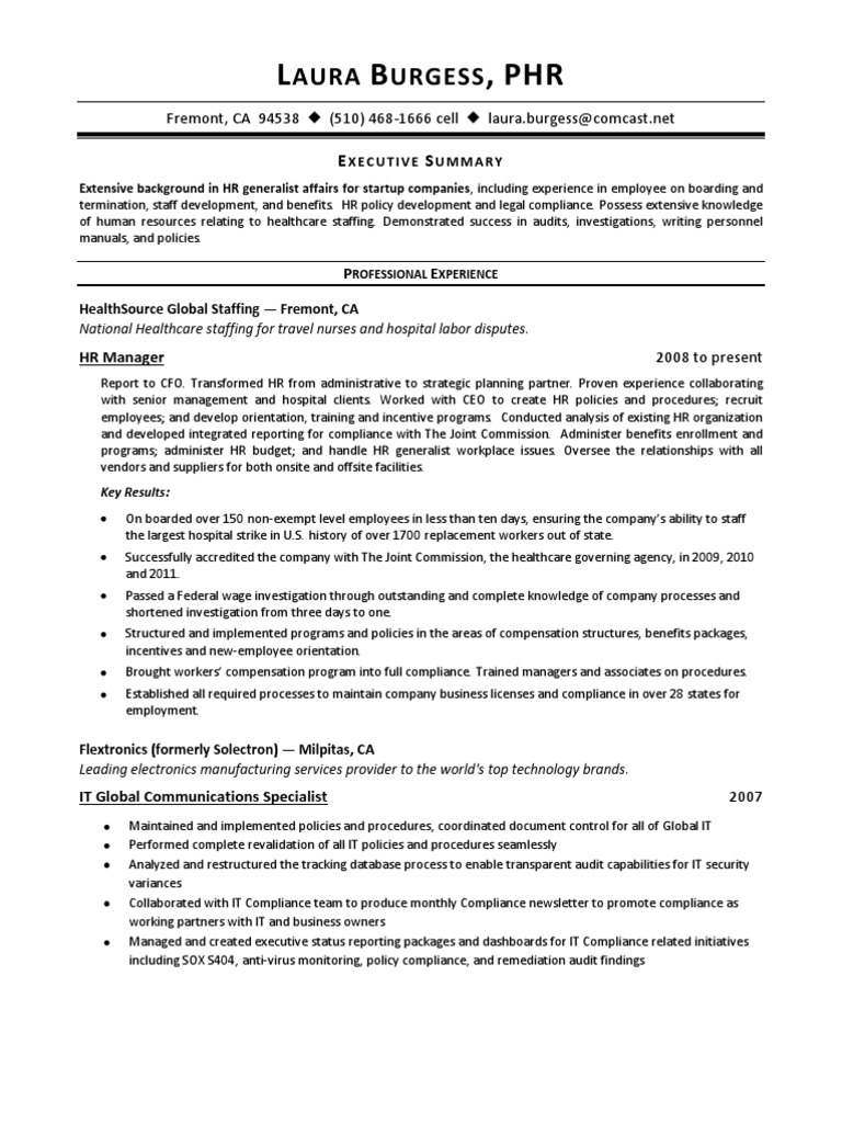 HR Manager Generalist in San Francisco Bay CA Resume Laura Burgess ...