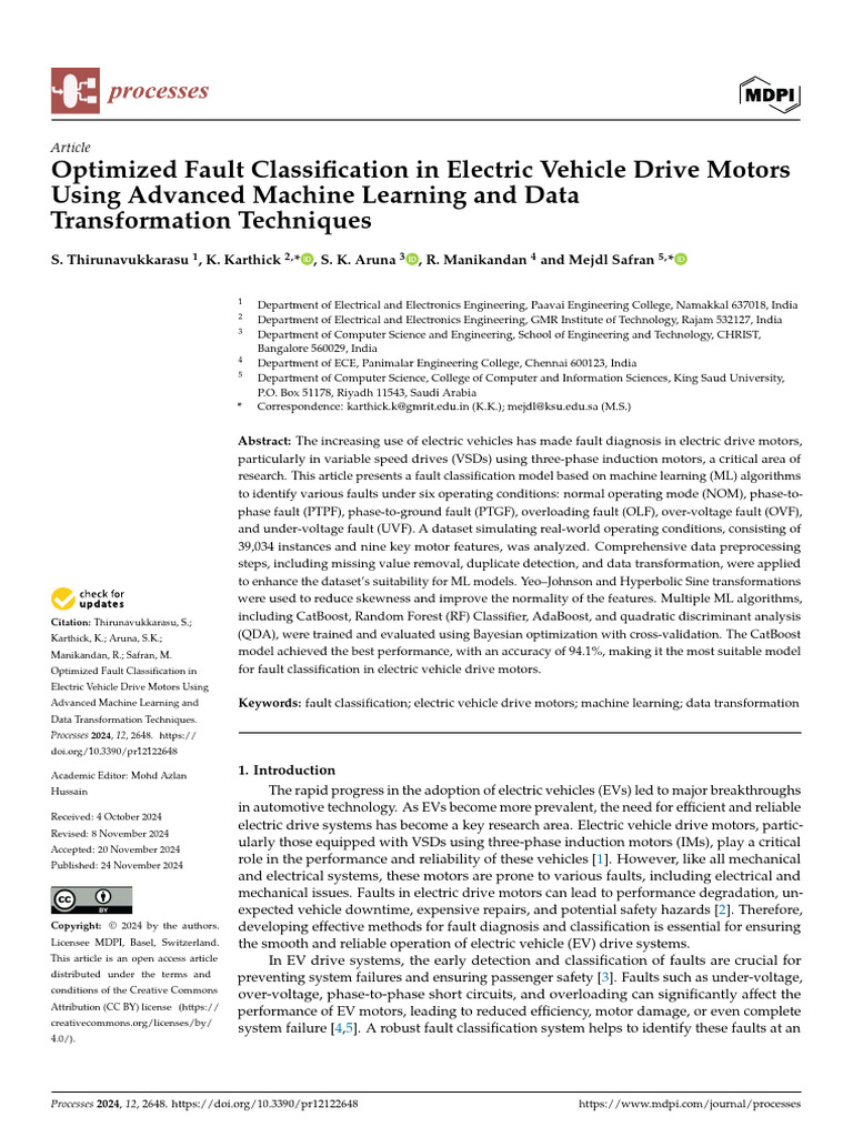 Optimized Fault Classification in Electric Vehicle Drive Motors Using Advanced Machine Learning ...