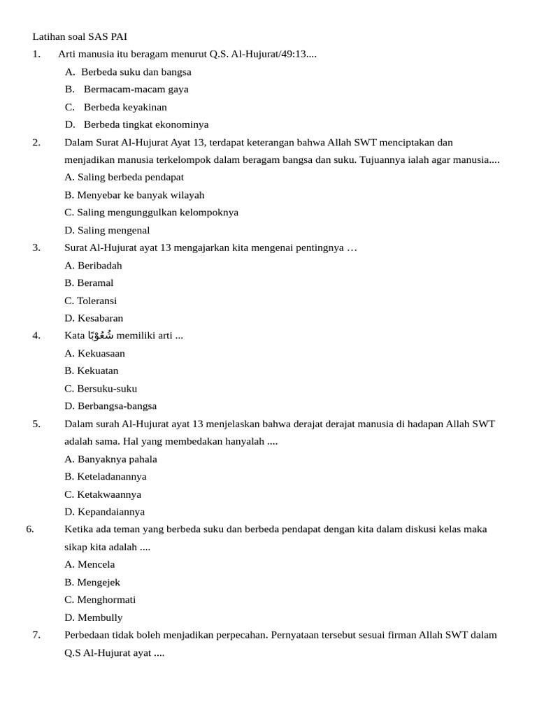 Latihan Soal SAS PAI | PDF