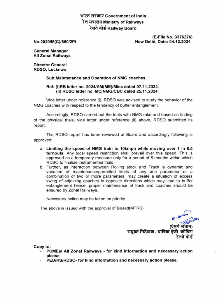 Letter To ZR and RDSO Reg Maintenace and Operation of NMG Coaches Dated 04.12.2024. | PDF