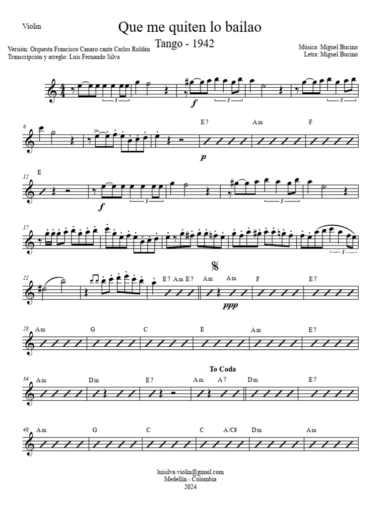 Que Me Quiten Lo Bailao - Violín | PDF | Música uruguaya | Tango