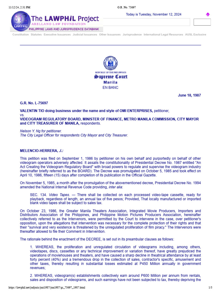 Tiov - Videogram RegulatoryBoard, 151SCRA208 | PDF | Taxes | Burden Of ...