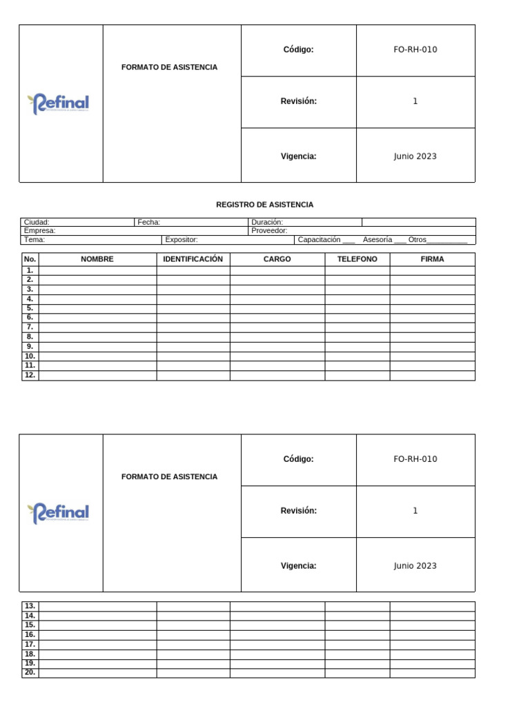 Formato de Asistencia Refinal | PDF