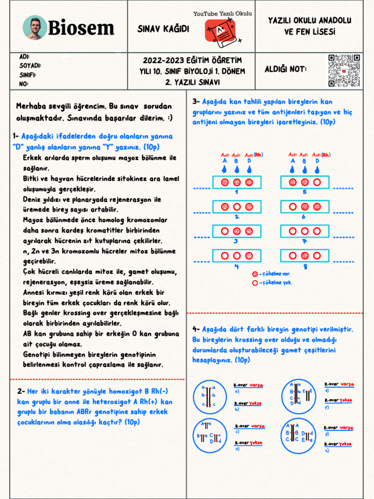 Sinif 1. Donem 2.yazili Biosem | PDF