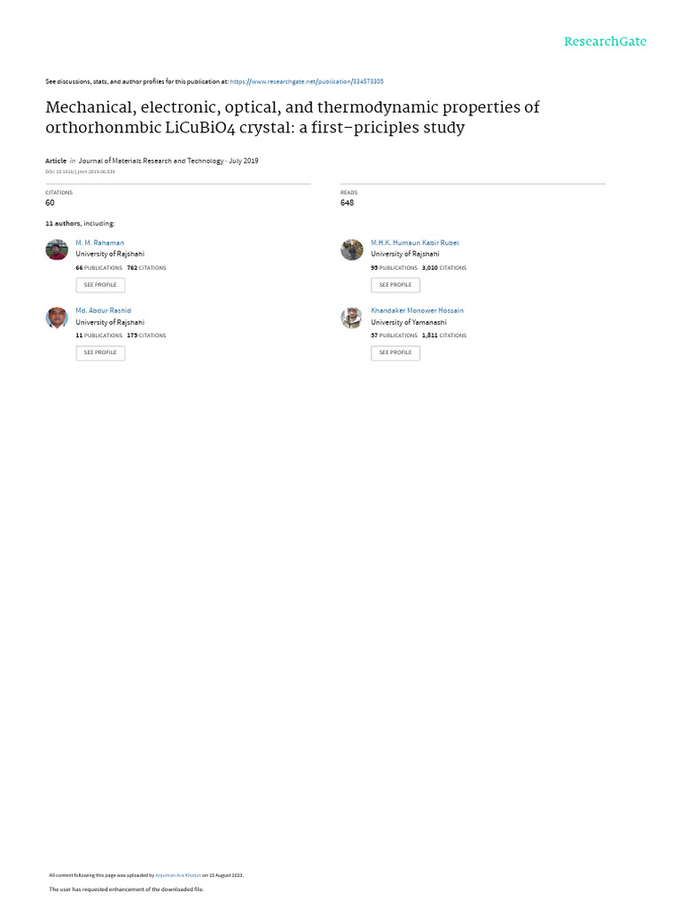 Mechanical, Electronic, Optical, and Thermodynamic Properties of Orthorhonmbic Licubio4 Crystal ...