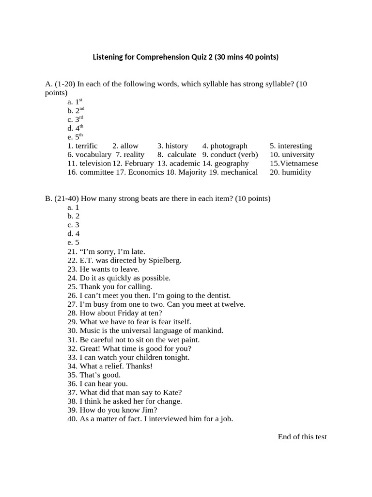 Listening For Comprehension Quiz 2 | PDF