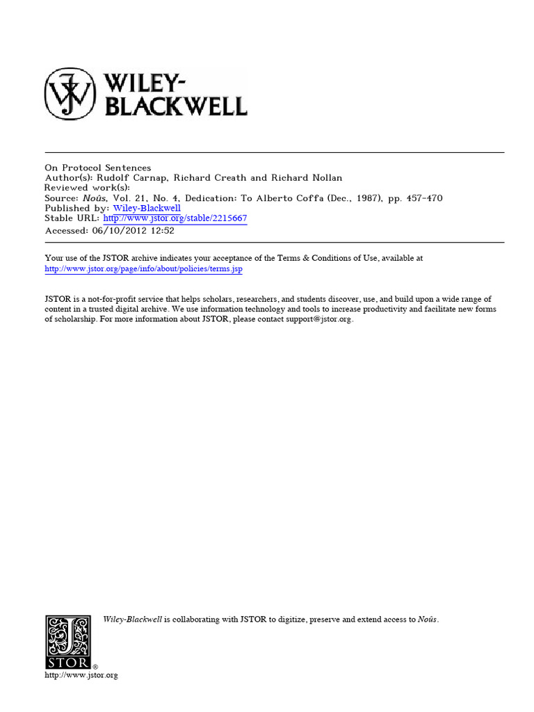 Carnap (1932 (1987) ) - On Protocol Sentences | PDF | Science