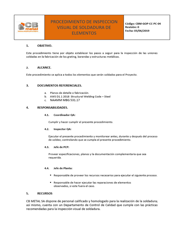 PROCEDIMIENTO DE INSPECCION VISUAL | PDF | Soldadura | Construcción