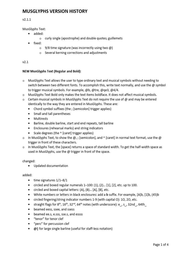 MusGlyphs Version History Overview | PDF | Musical Notation | Quotation Mark