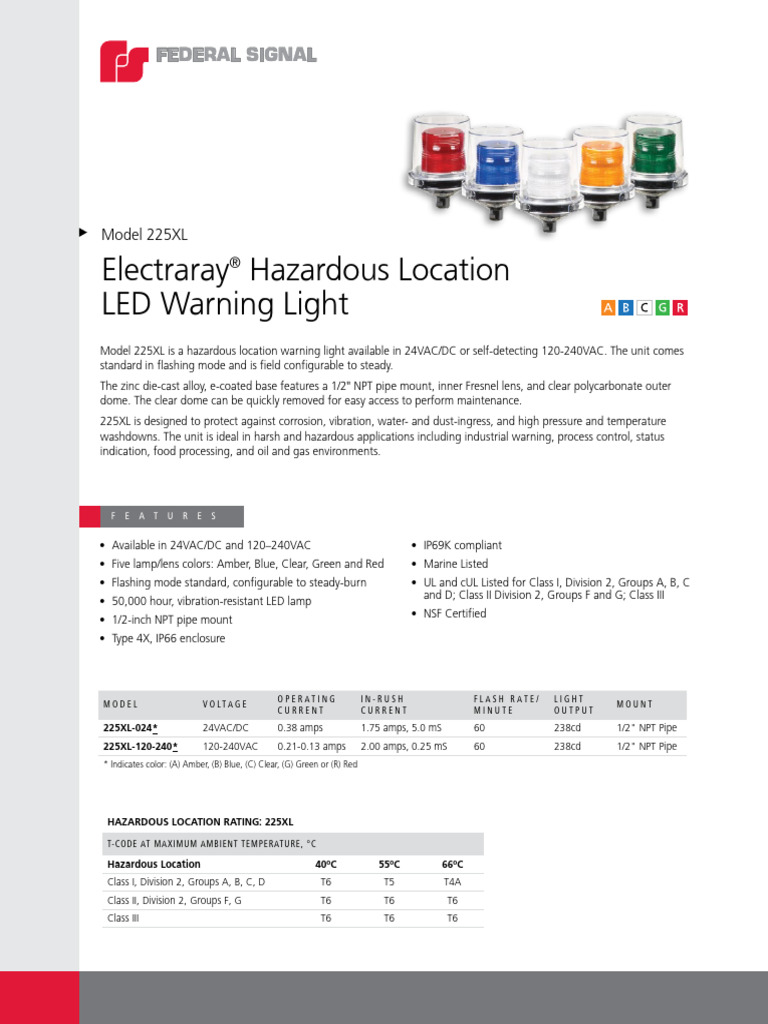 Electraray Hazardous Location LED Warning Light Data Sheet S1250 | PDF