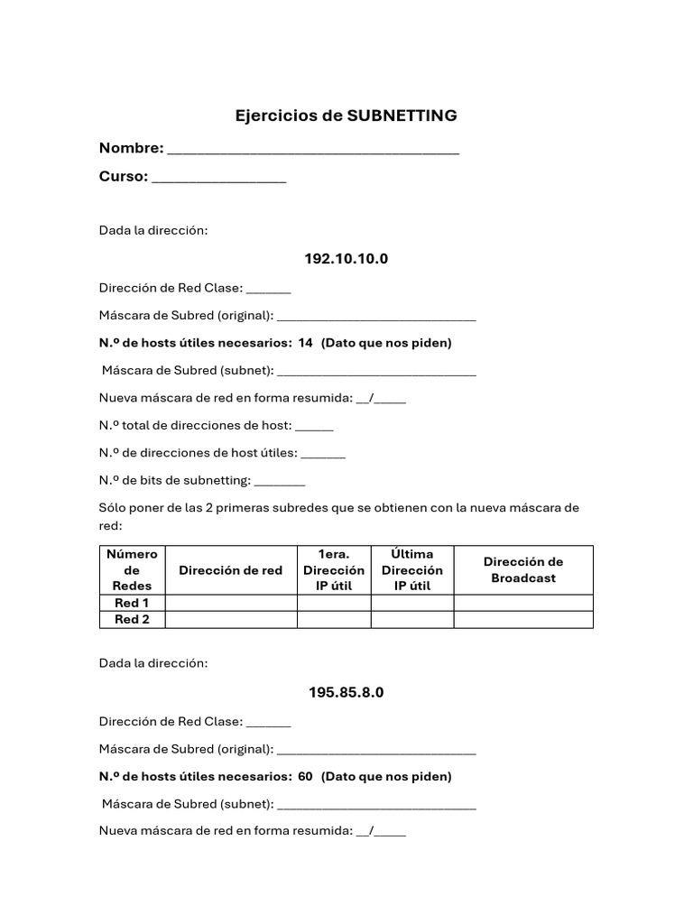 Ejercicios de SUBNETTING | PDF | Dirección IP | Estándares de internet