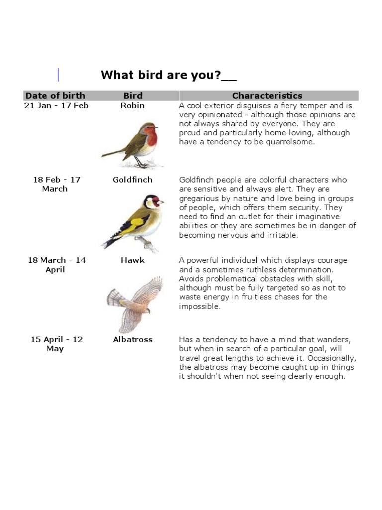 What Bird Are You? - : Date of Birth Bird Characteristics | PDF ...