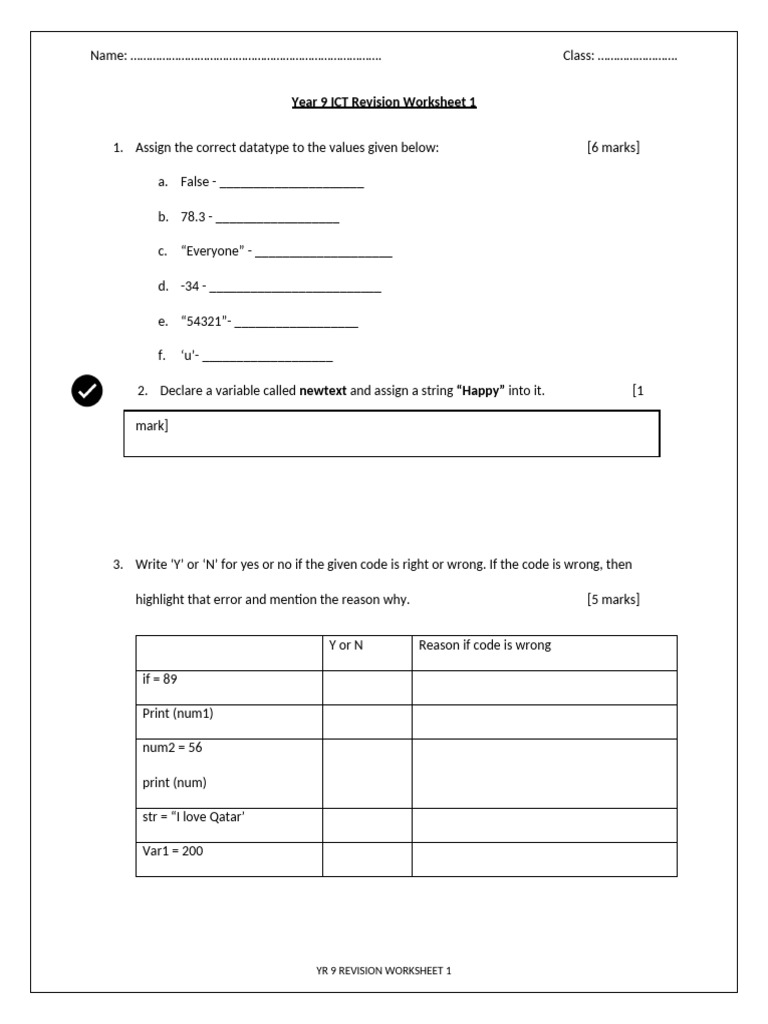 Year 9 ICT Revision Worksheet 1 | PDF | Data Type | Computer Programming
