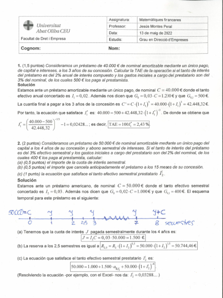 Solución. Prueba de MF. mayo 2022. Modelo A | PDF
