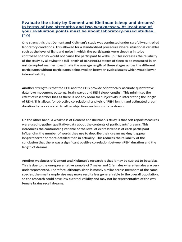 Evaluate The Study by Dement and Kleitman (10 Marks) | PDF