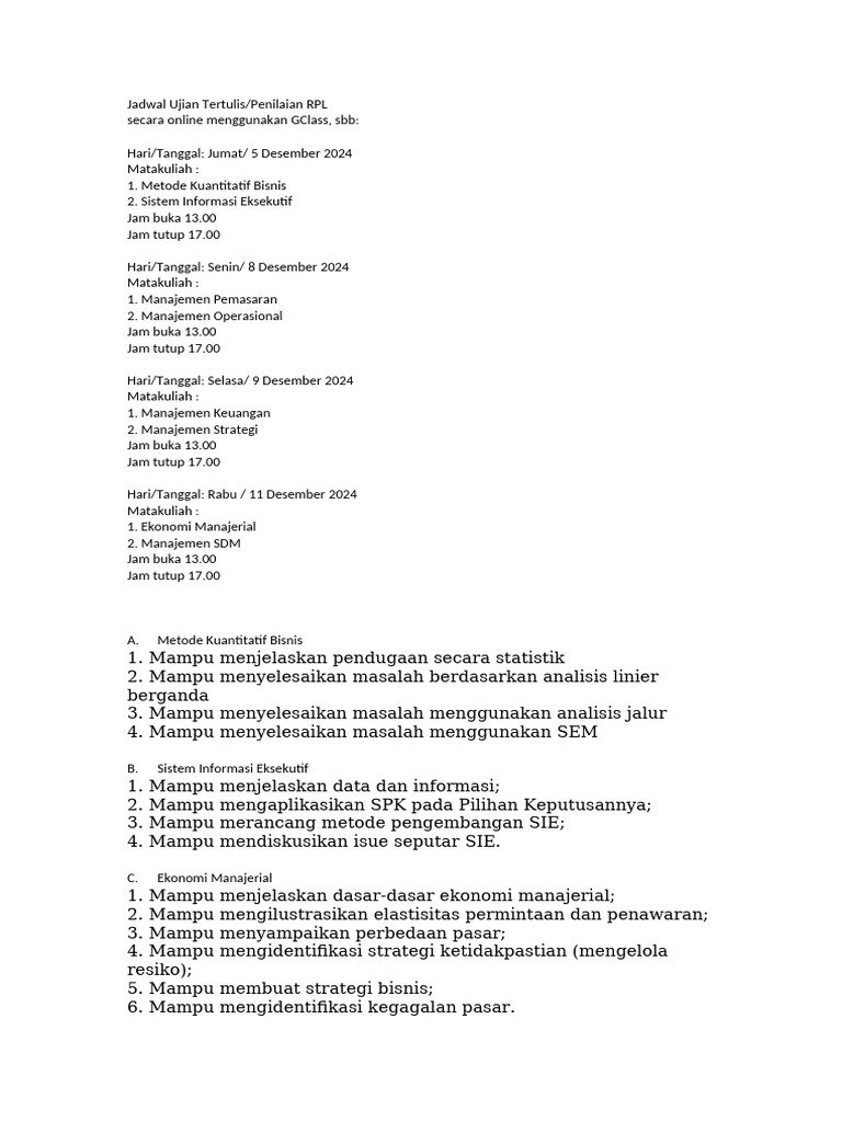 Jadwal Ujian Tertulis Penilaian RPL | PDF