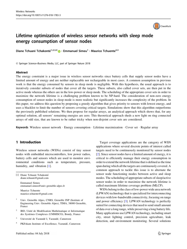Lifetime Optimization of Wireless Sensor Maurice Tchuente | PDF | Wireless Sensor Network