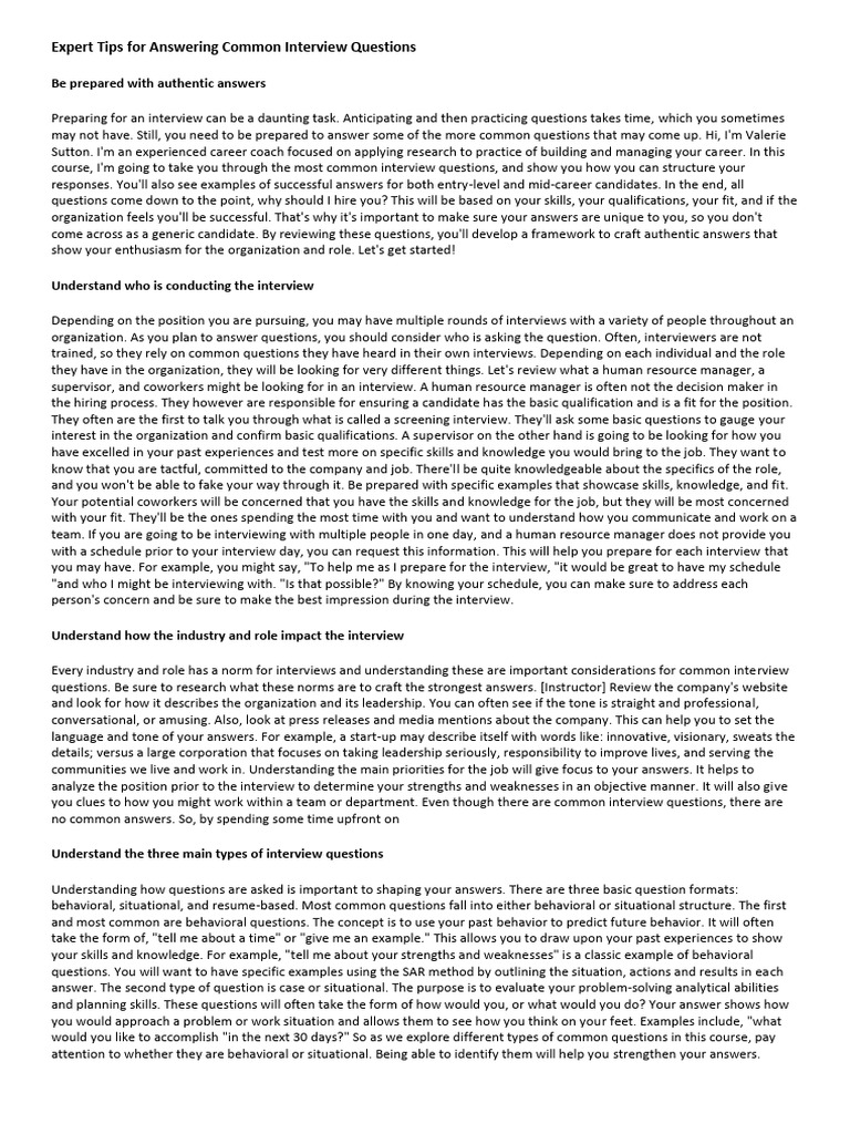 Expert Tips For Answering Common Interview Questions | PDF | Evaluation | Thought