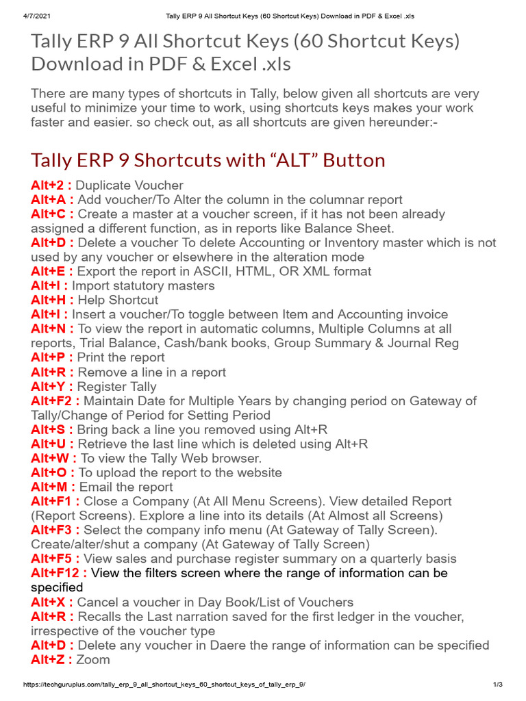 Tally Shortcut1 | PDF | Microsoft Excel | Keyboard Shortcut