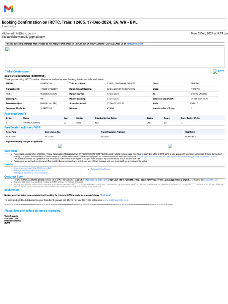 Gmail - Booking Confirmation on IRCTC, Train_ 12405, 17-Dec-2024, 3A ...
