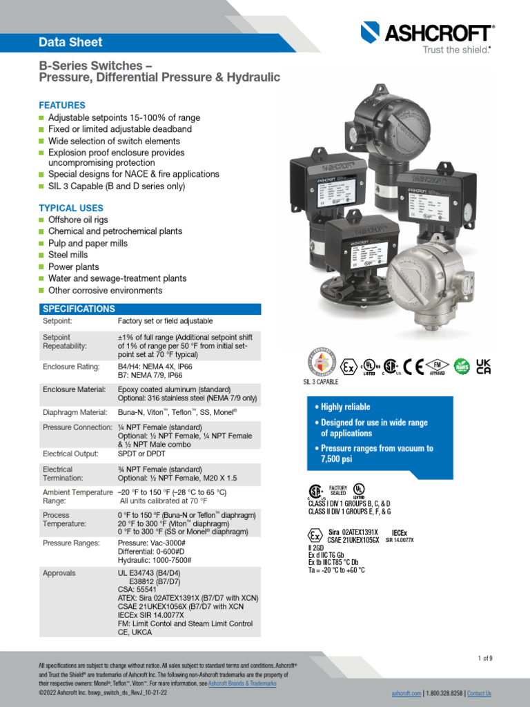 Datasheet B D Series Pressure Differential Hydraulic Switch | PDF ...