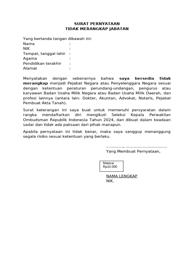 Format Surat Pernyataan Tidak Merangkap Jabatan | PDF