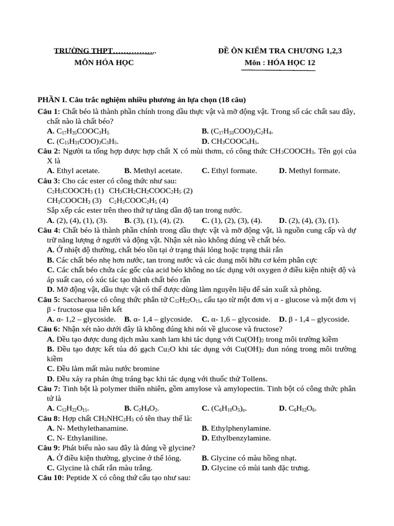 ĐỀ ÔN HỮU CƠ C1,2,3 | PDF