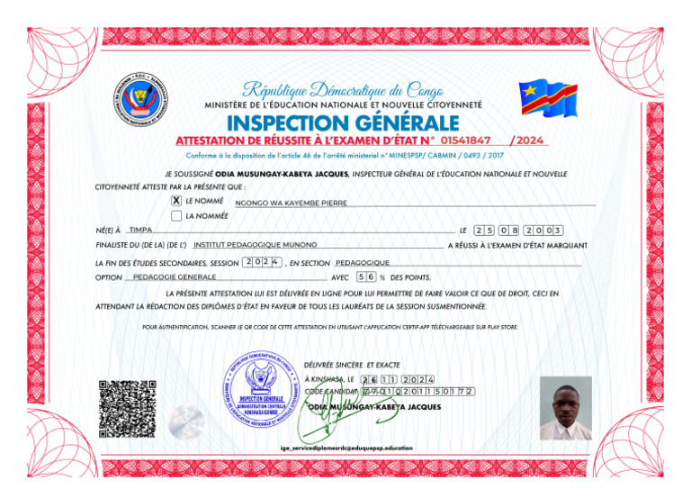 Attestation - Ngongo Wa Kayembe Pierre | PDF