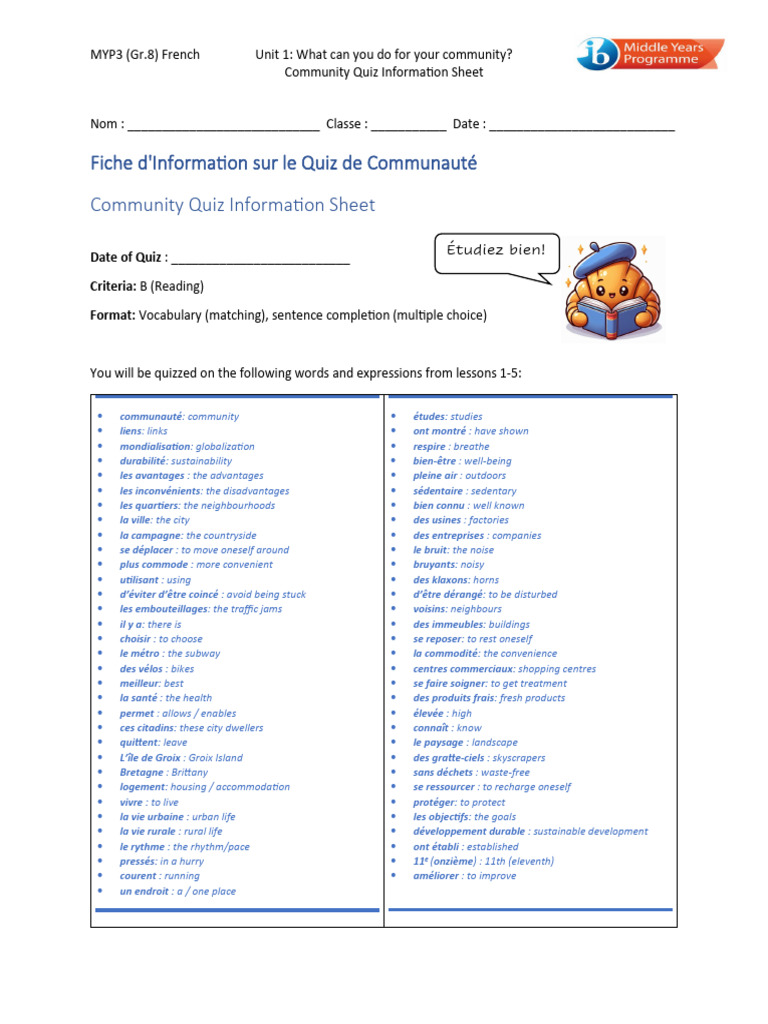 Quiz sur la Communauté en Français | PDF