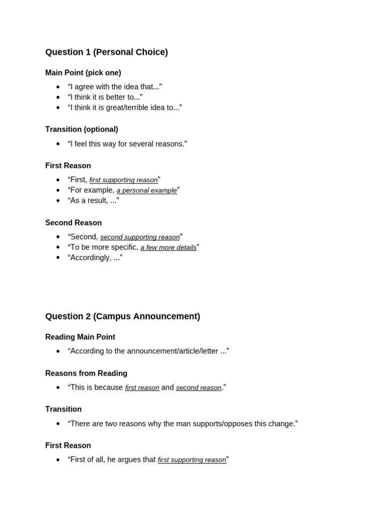 TOEFL Speaking Templates | PDF