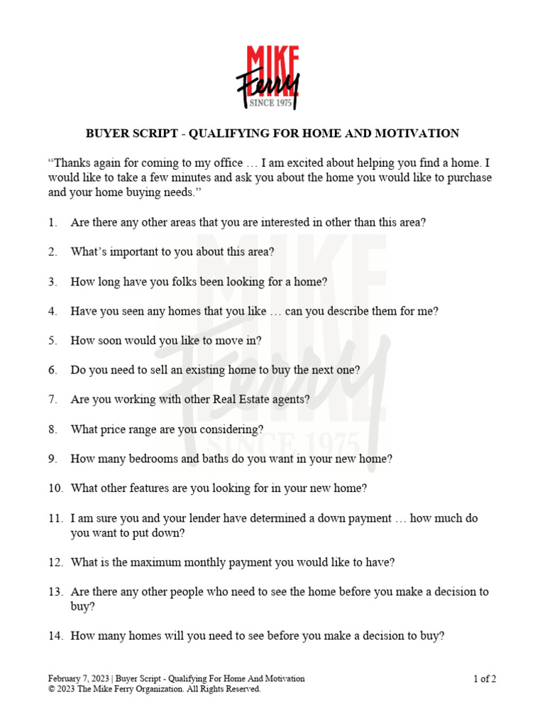01 20 2023 Buyer Script - Qualifying For Home and Motivation | PDF