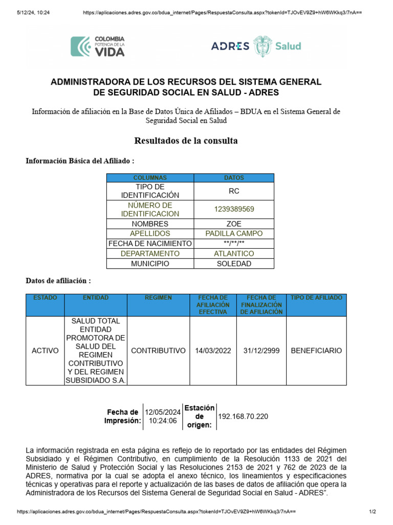 Certificado de Adres Zoe Padilla Camo | PDF