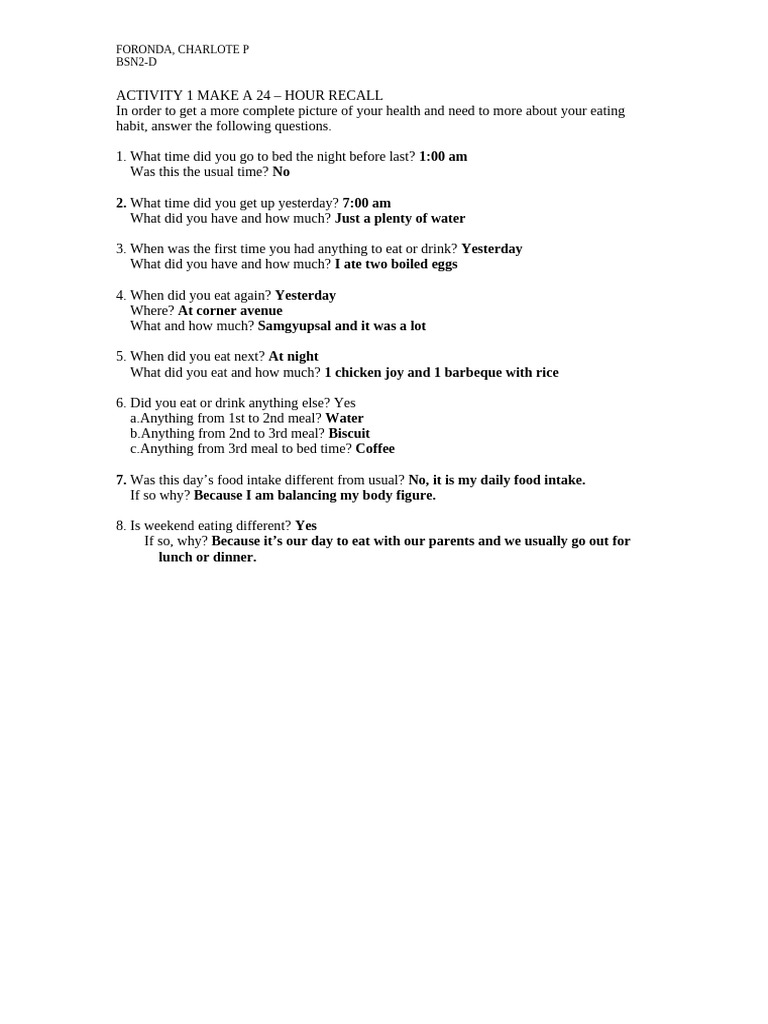 ACTIVITY 1 MAKE A 24 – HOUR RECALL | PDF