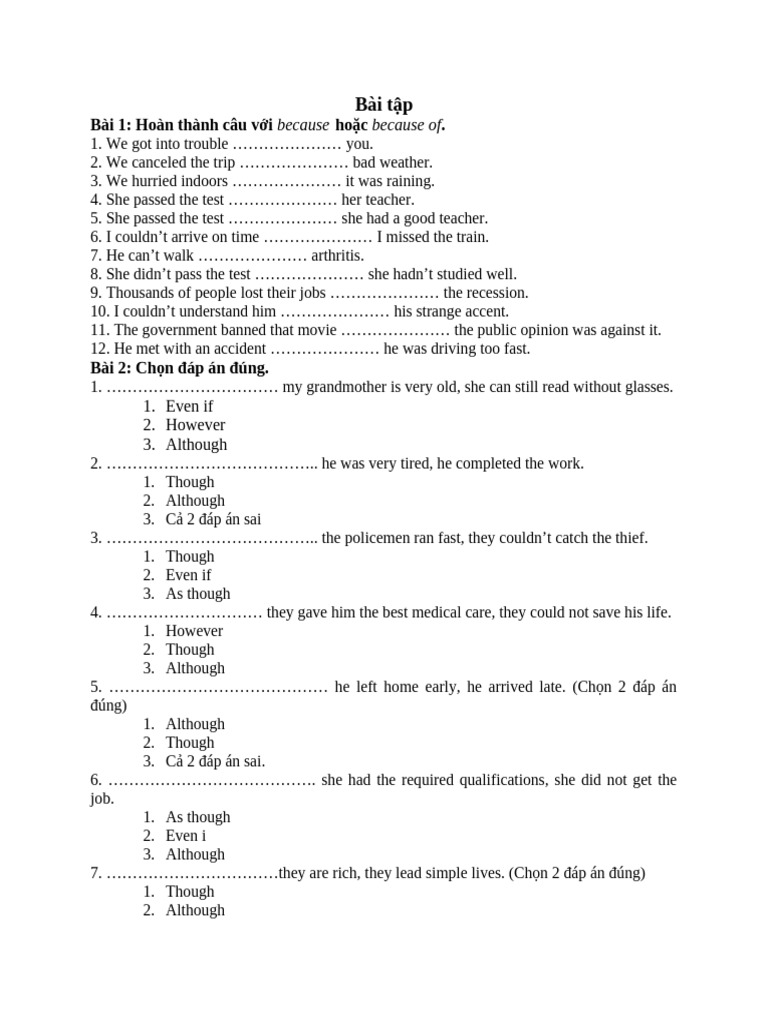Exercises on Because and Although Usage | PDF