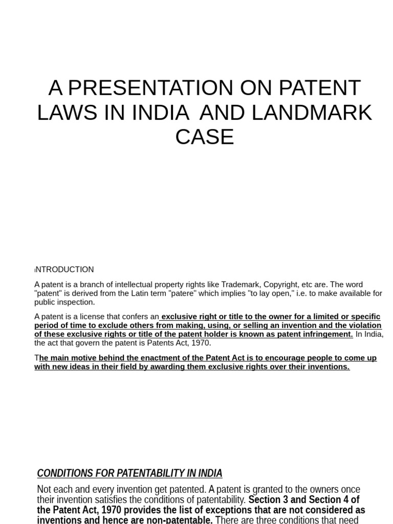 Patent Laws and Landmark Cases in India | PDF | Patent | Invention