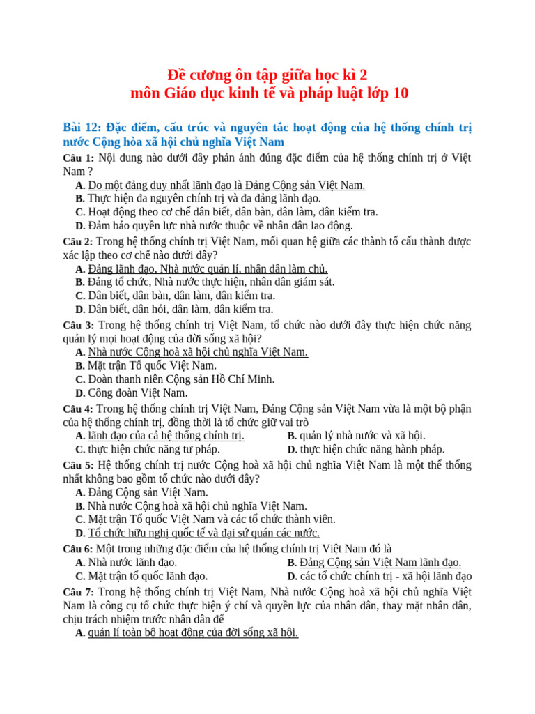 Đề cương ôn tập giữa hk2 môn GD KT&PL lớp 10 | PDF