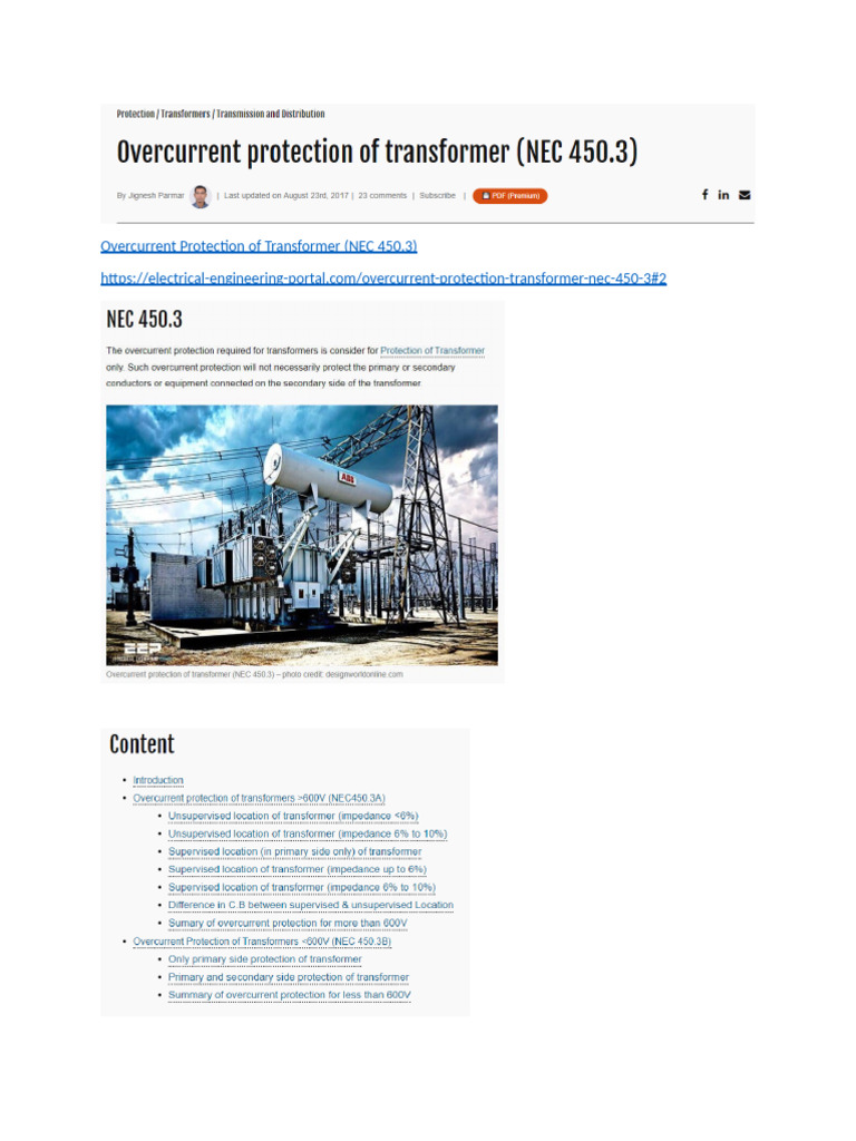 Overcurrent Protection of Transformer (NEC 450.3) | PDF