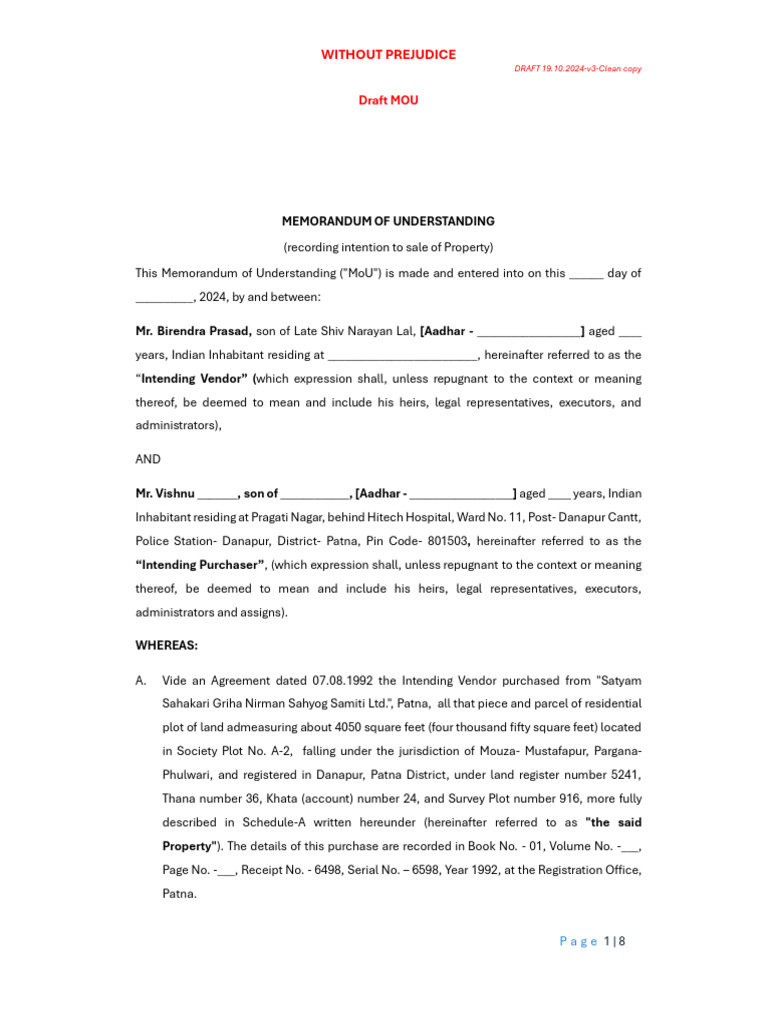 Amended Draft - MoU - Sale of Property - DRAFT 19.10.24-v3 - Clean copy ...