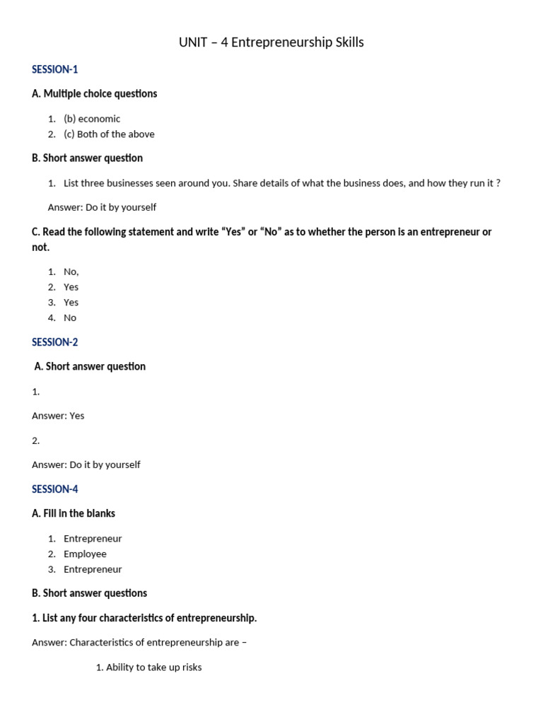 4 9 UNIT-Entrepreneurship Skills | PDF | Employment | Entrepreneurship