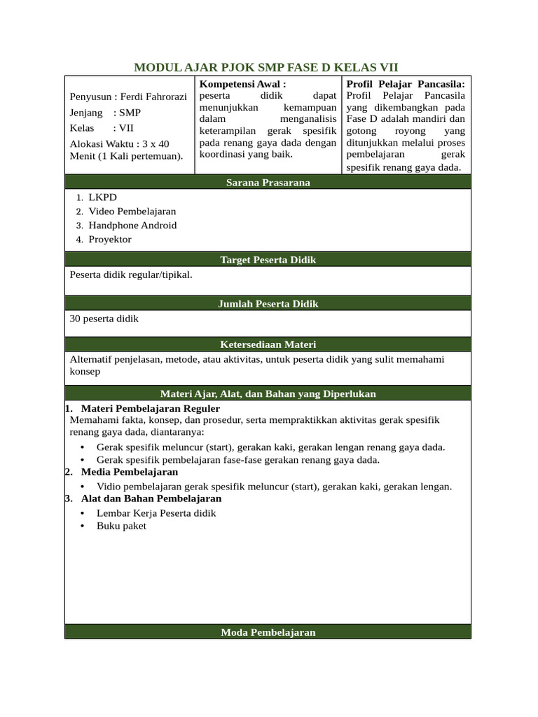 Modul Pembelajaran Renang Gaya Dada SMP | PDF