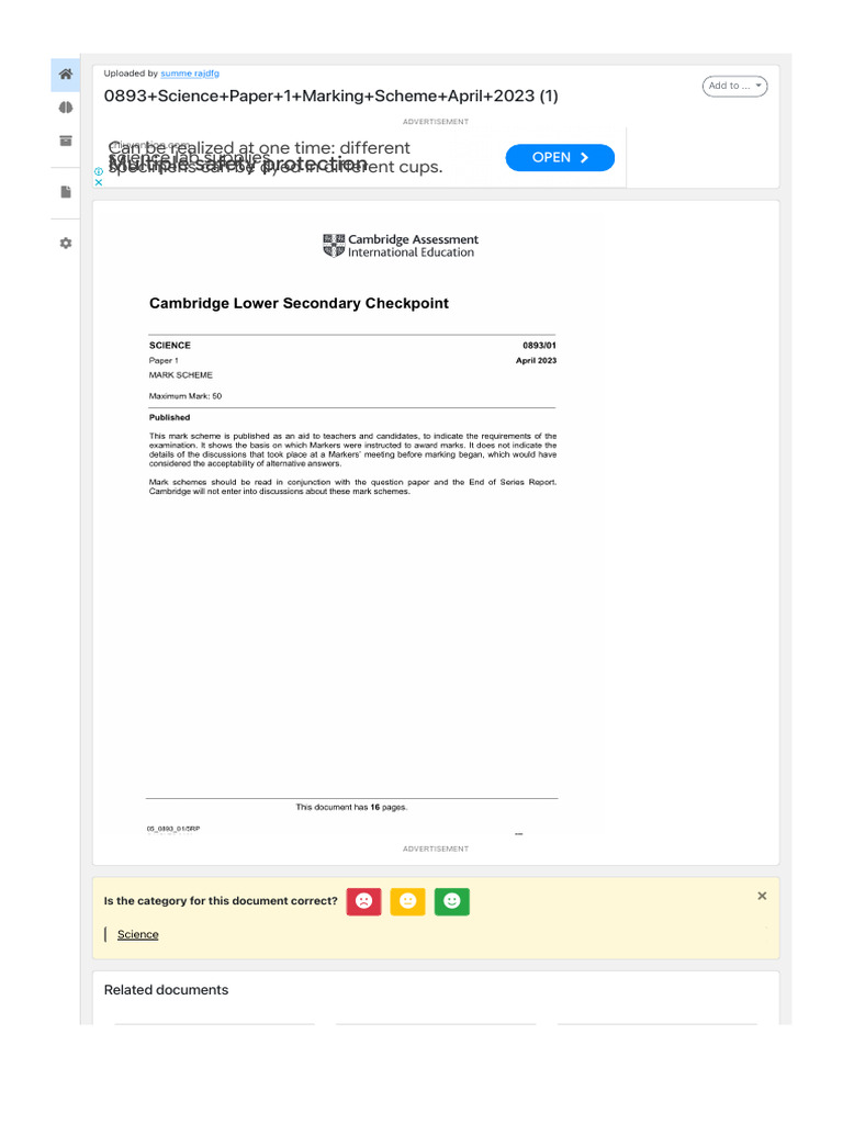 0893 Science Paper 1 Marking Scheme April 2023 | PDF