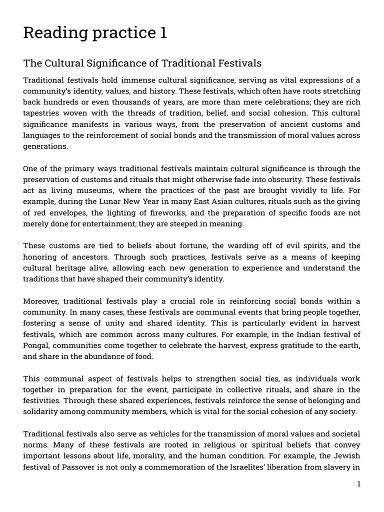 Reading - Cultural Significance of Traditional Festivals | PDF